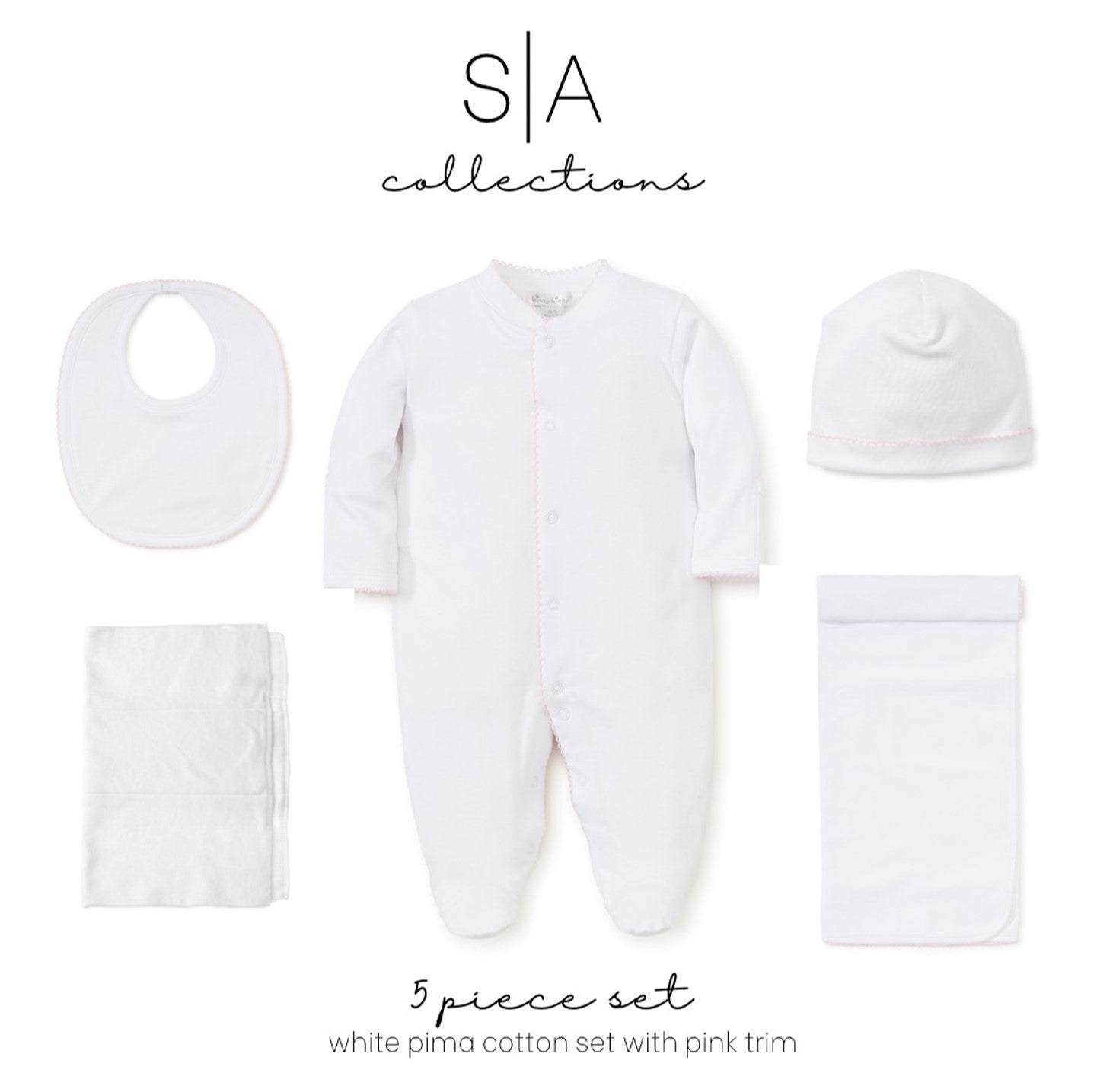 Five Piece Set - White with Pink Trim – Stitching Around Collections